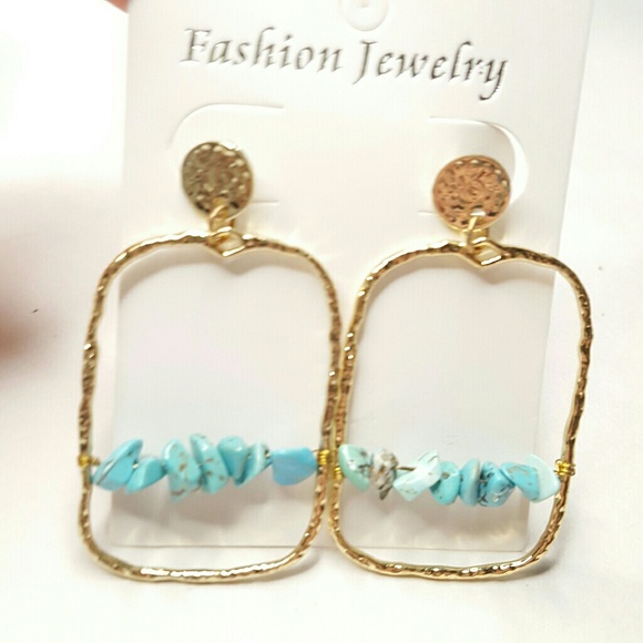 Jewelry | Rectangle Gold Drop Earrings With Turquoise Stone | Poshmark